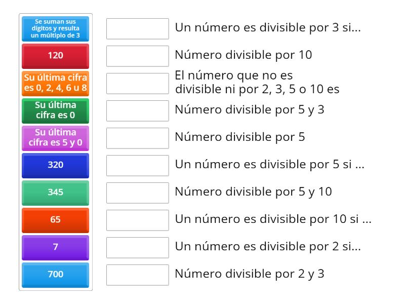 Criterios de divisibilidad de 2, 3, 5 y 10 - Une las parejas
