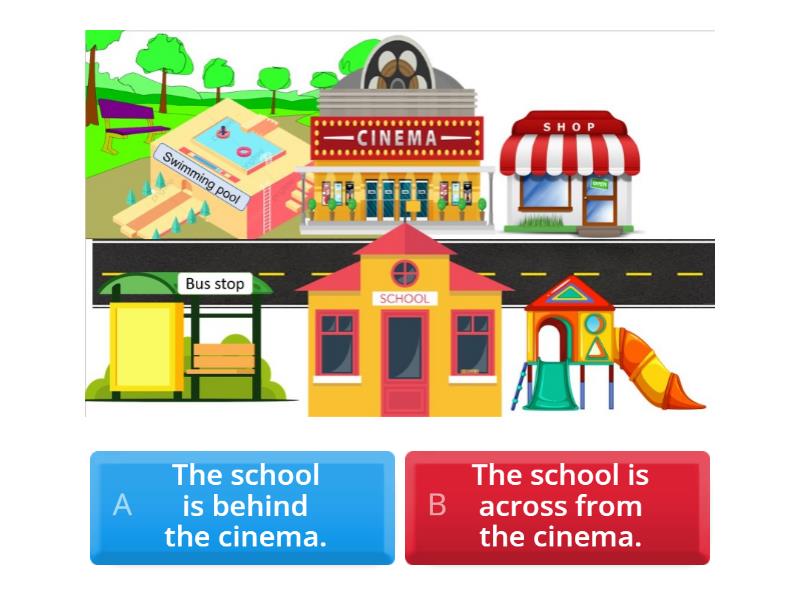 Prepositions of place. In town. (across from, behind, between, next to ...