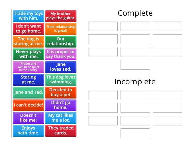 Wonders 2 Unit 3 - Complete / incomplete sentences - Group sort