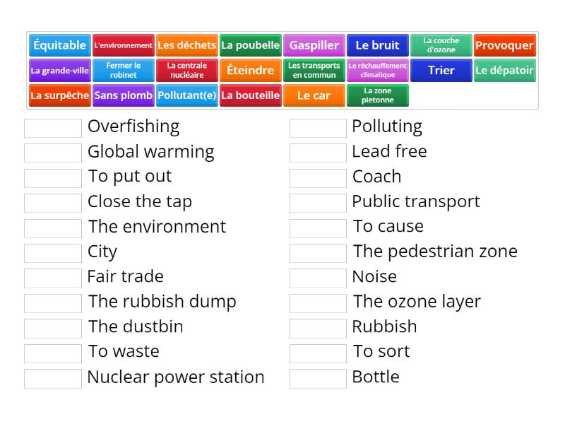 French Environment vocab 22 words/expressions - Match up