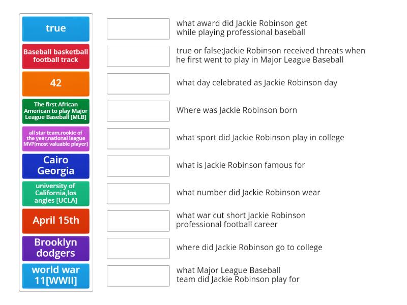 jackie robinson history questions - Match up