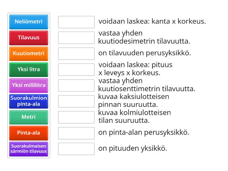 Tilavuuksia ja pinta-aloja - Match up