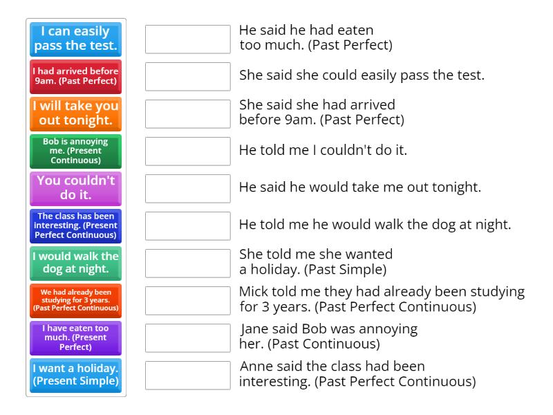 Reported speech tenses - Match up