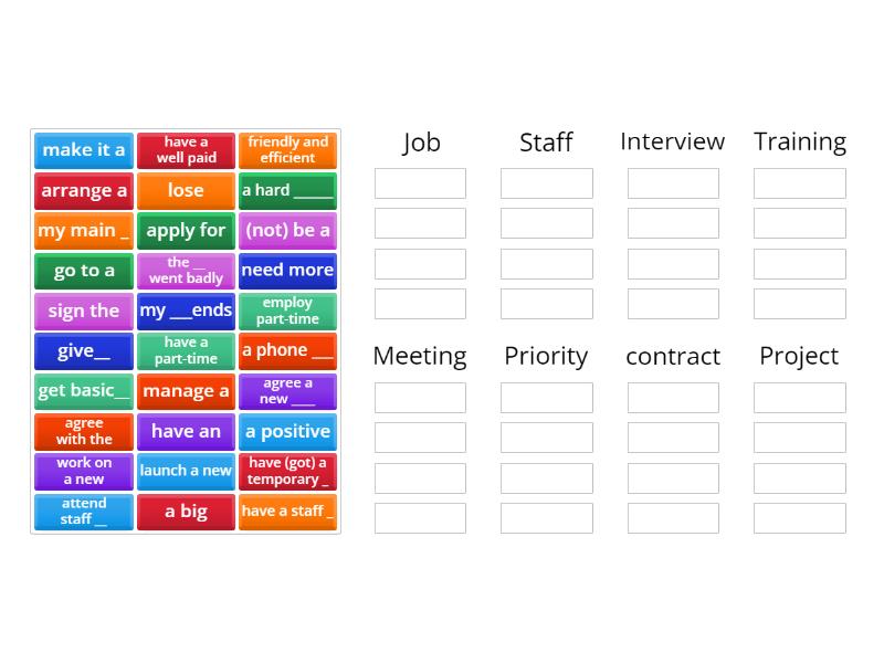 Outcomes pre-intermediate, unit 1 jobs collocations - Group sort