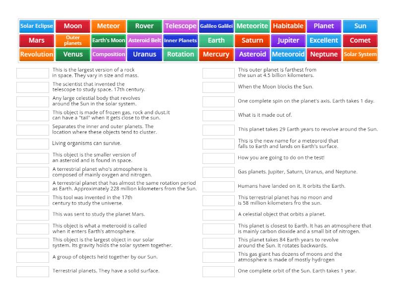 Solar System Terms and Facts (based on StemScopes activity) - Match up