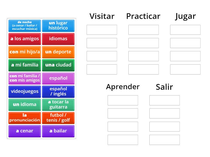 A1: Actividades diarias (Visitar / Practicar / Jugar / Aprender / Salir) - Group sort
