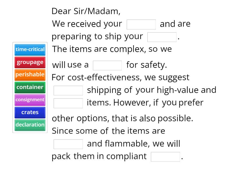 Logistics emails - Complete the sentence