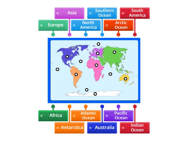 7 Continents 5 Oceans - Labelled diagram
