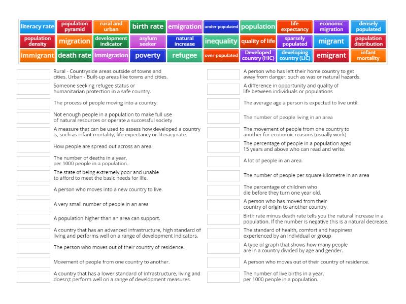 Population glossary - words and meanings - Match up