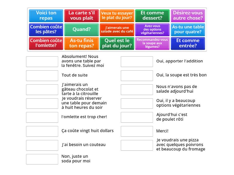 le jeu vocabularie restaurant - Match up