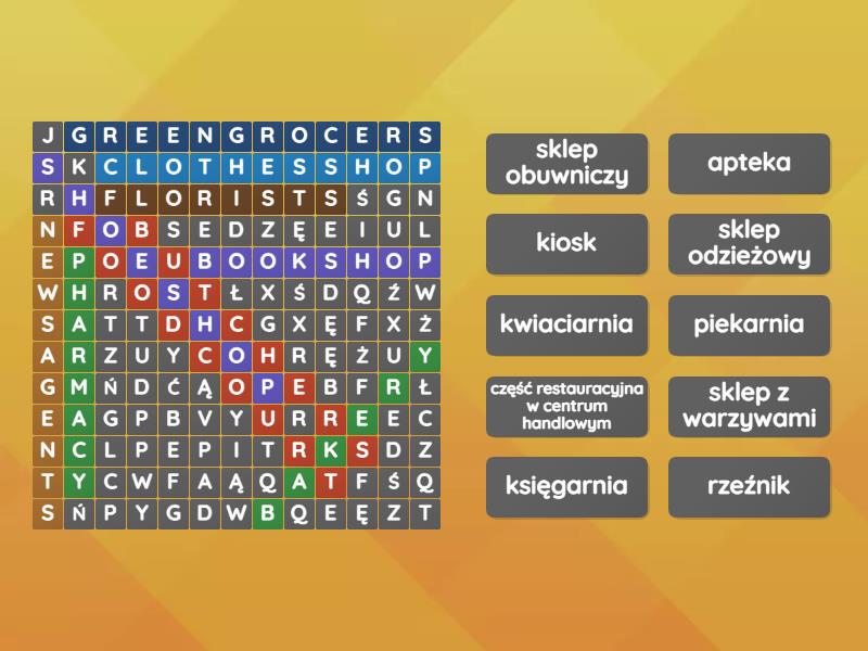 Types of shops (wykreślanka) - Wordsearch