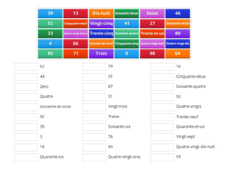 LES NOMBRES 0-100 - Match up