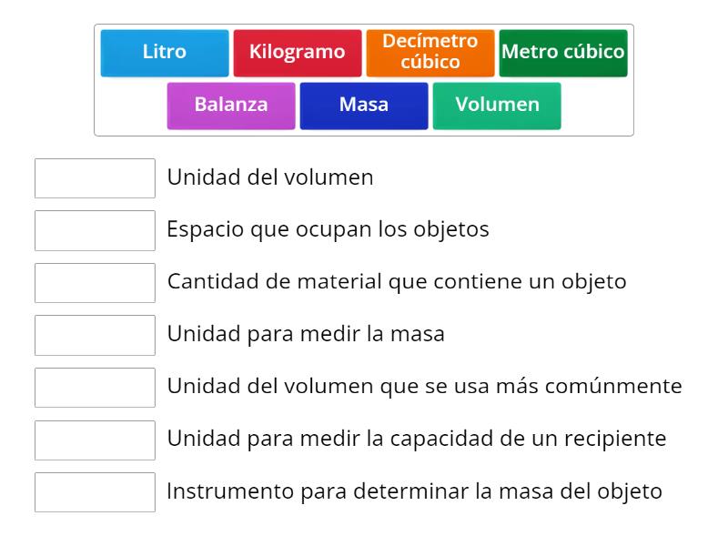 Propiedades de materiales: masa y volumen - Une las parejas