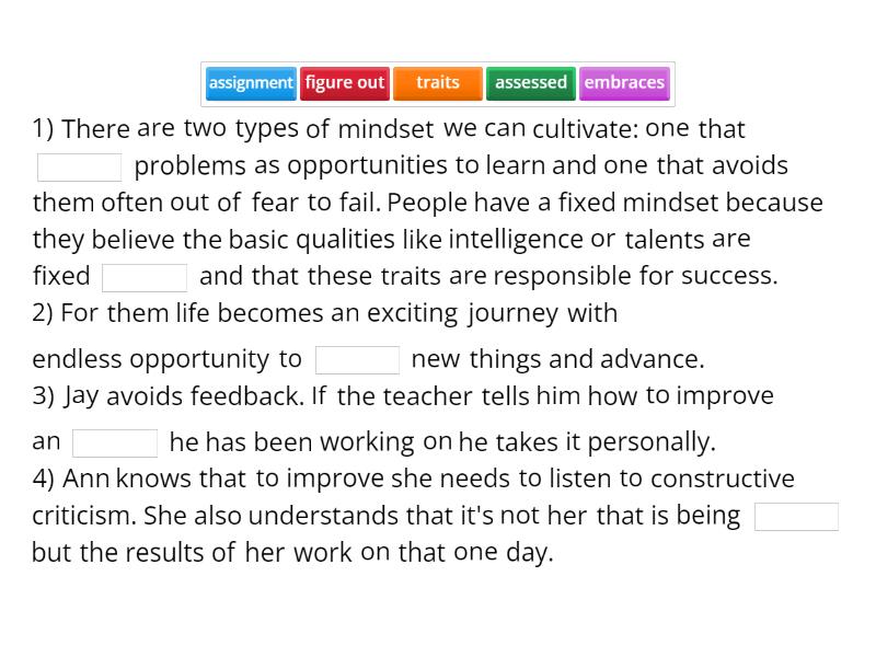 Fixed / Growth mindset Lesson 1 homework - Complete the sentence