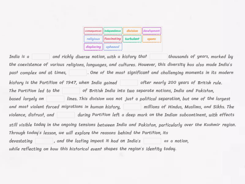 The Partition of India - Completar la frase