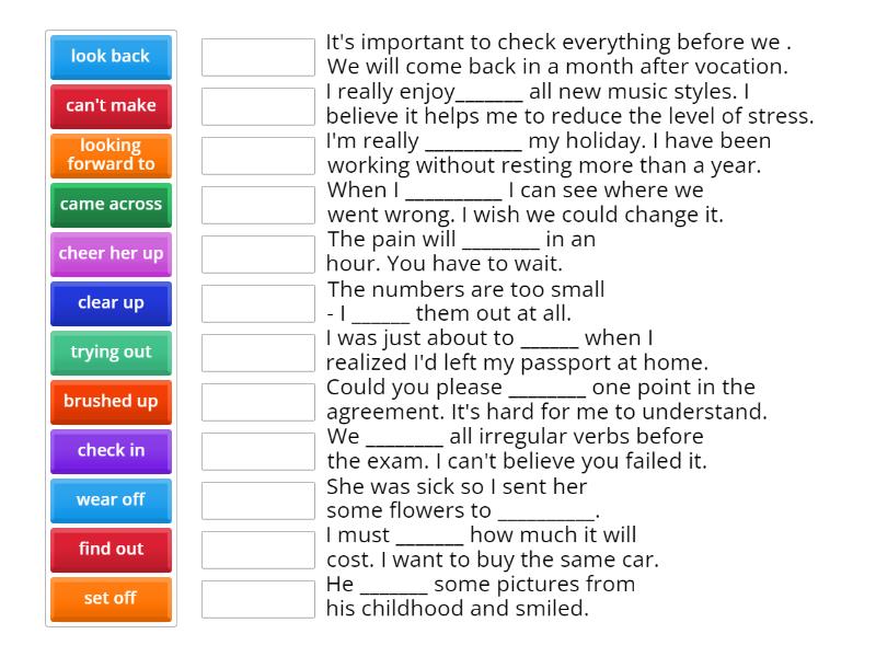 Match a phrase verb with a sentence - Match up