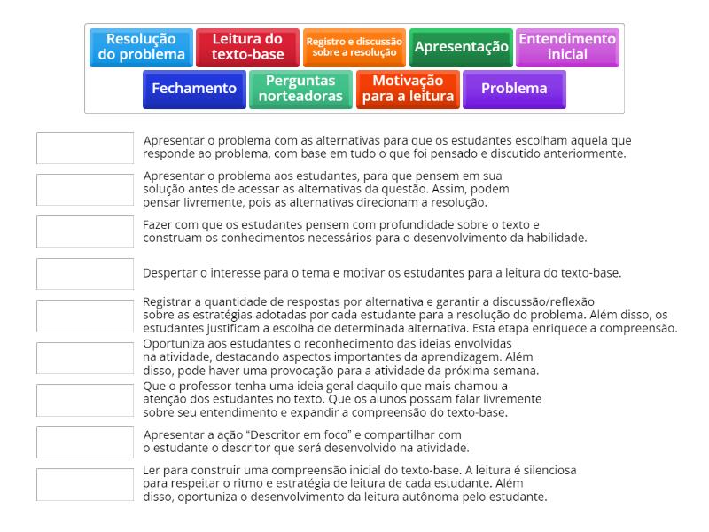Estrutura geral das atividades - "Descritor em foco" - Match up