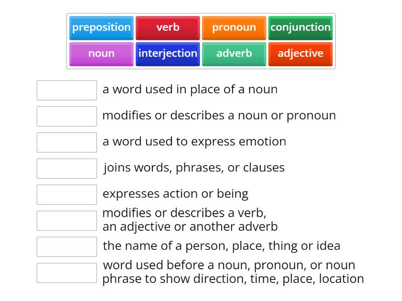 Parts of Speech ESOL - Match up