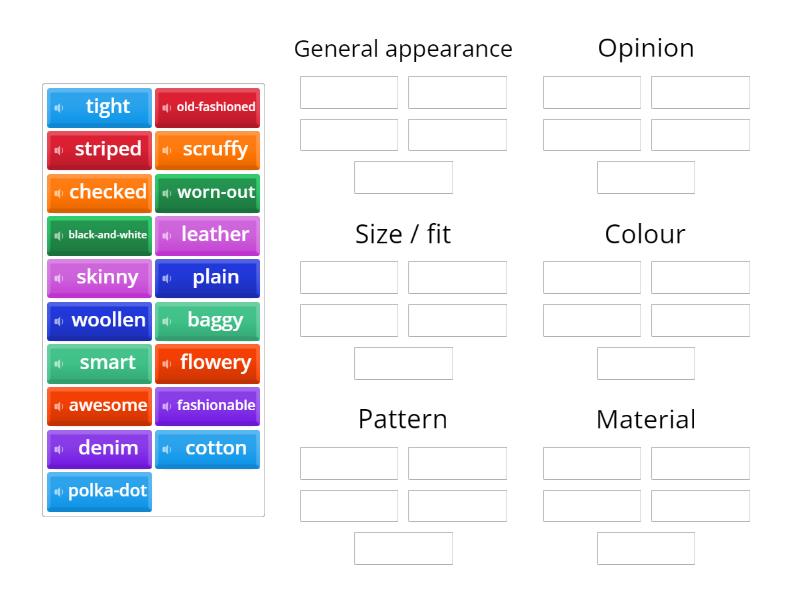 Adjectives to describe clothes and accessories - Group sort
