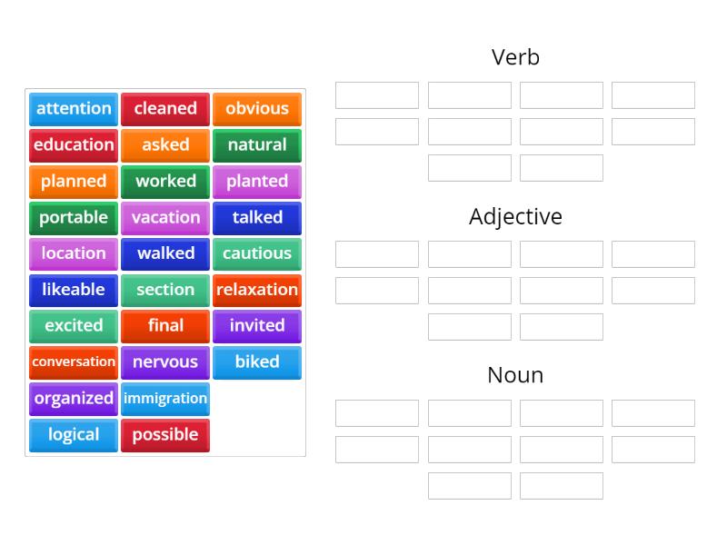Verb Adjective Noun (ed, able, ible, al, ous, tion) - Group sort