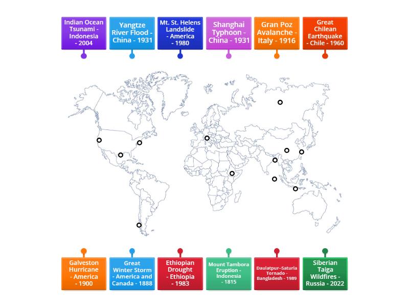 The World's Worst Natural Disasters Map Locations - Labelled diagram