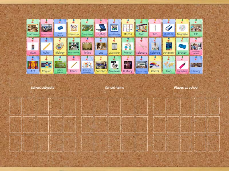 School subjects. School items. Places at school. - Group sort