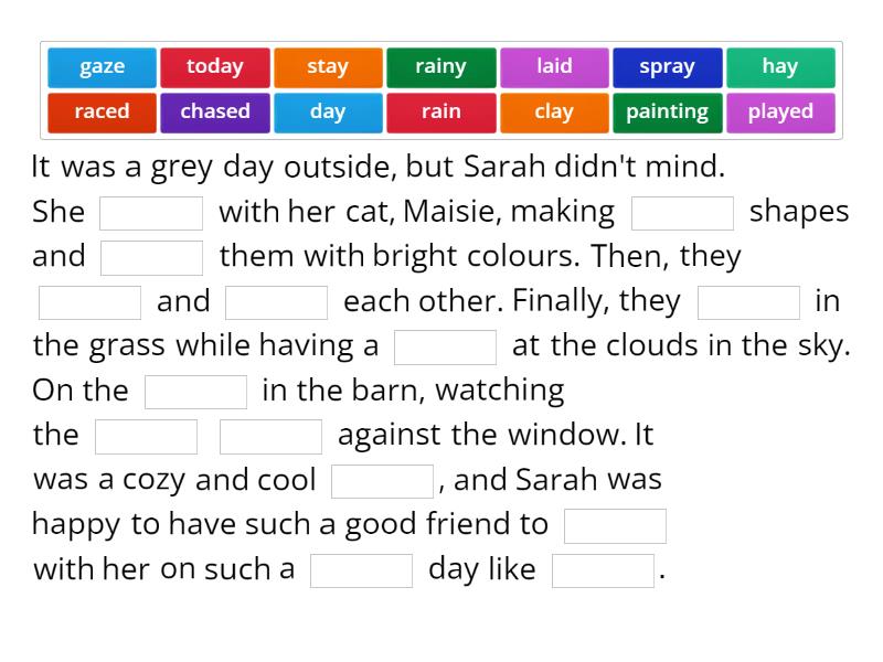 Vowel Digraphs (ai, ay and a_e) - Completa la oración