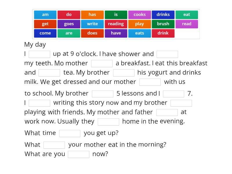 My day.Reading.Present Simple - Missing word