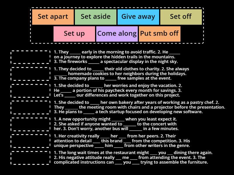 Phrasal verbs with set, come, give, put (Part 1) - Match up