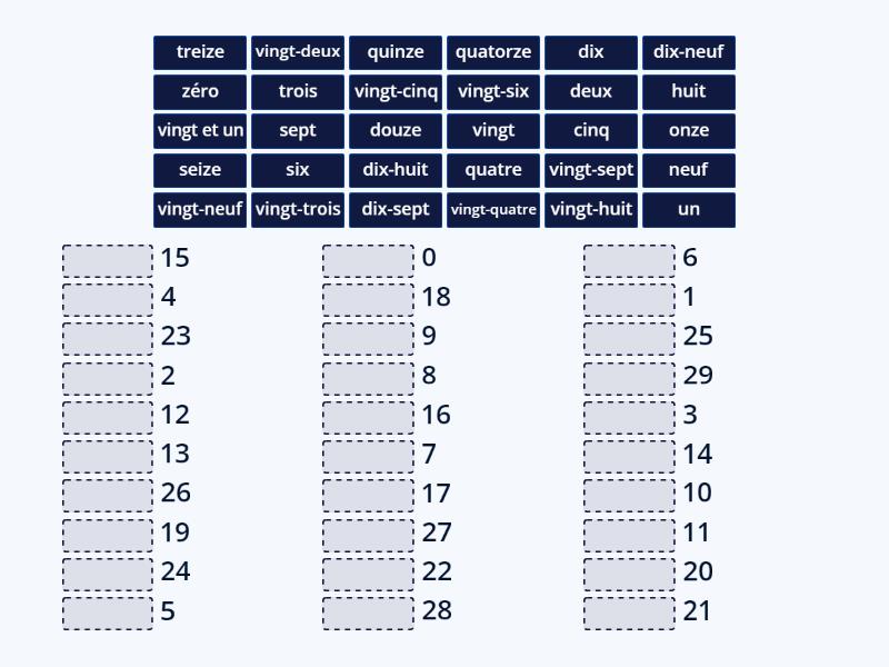 Les nombres cardinaux 0-29 - Match up
