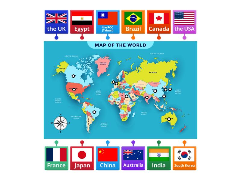 國家 Label the countries on the world map - Labelled diagram