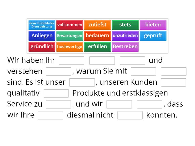 Reklamation || Analyse des Problems - Complete the sentence