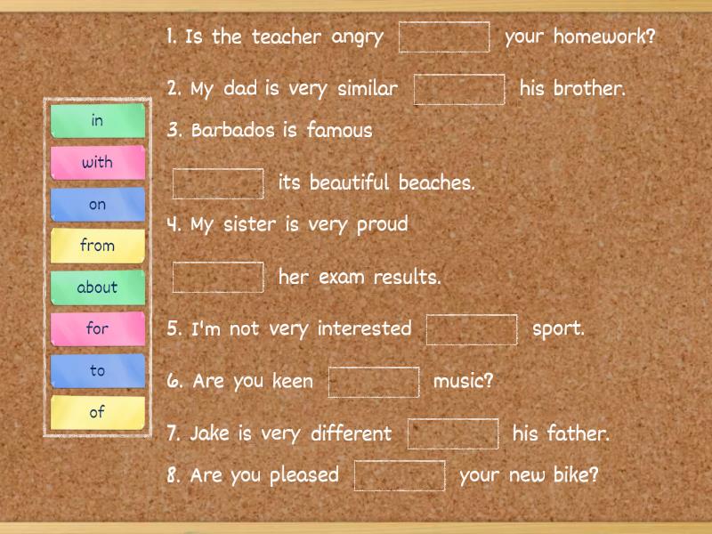 adjectives and prepositions - solutions elementary 1F - Missing word