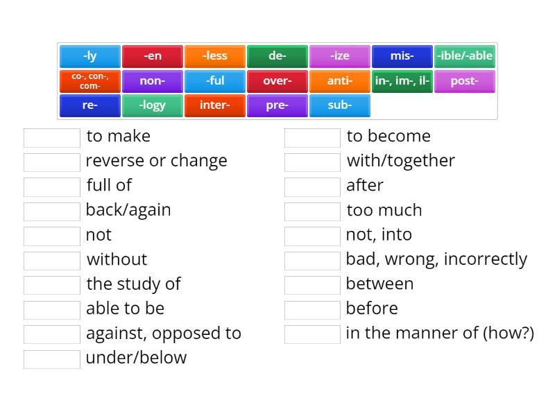 Prefixes and Suffixes - Match up