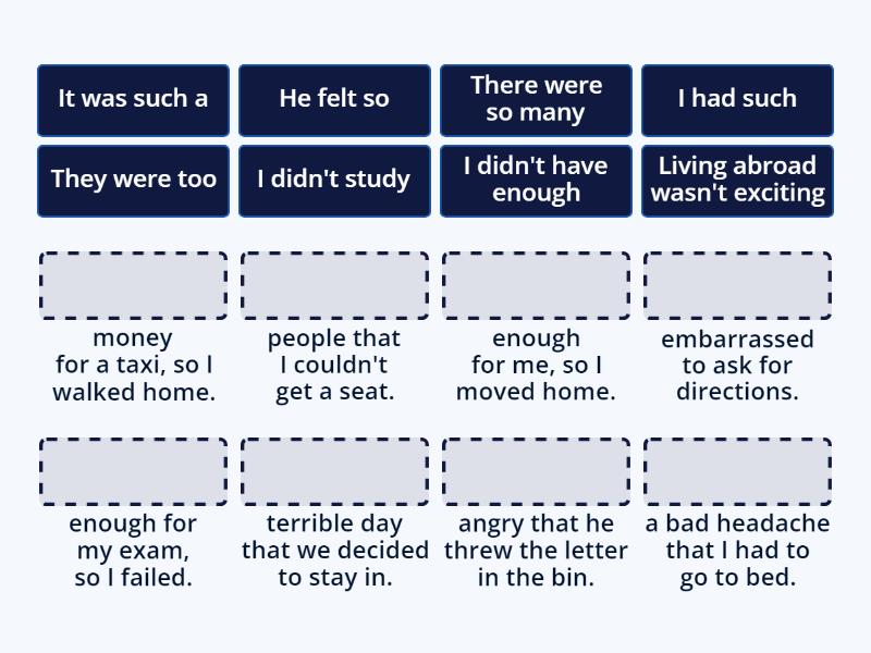 Roadmap B1 so/such too/enough - Une las parejas