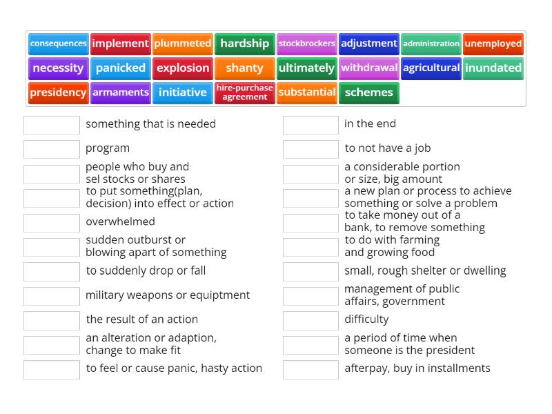 The great depression - difficult vocabulary - Match up