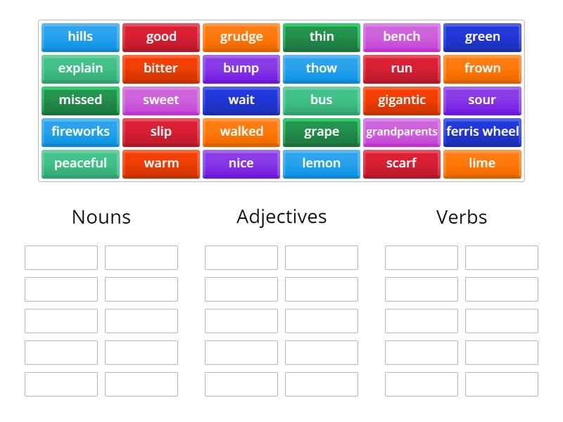 Word sort - Nouns, Adjectives, and Verbs - Group sort