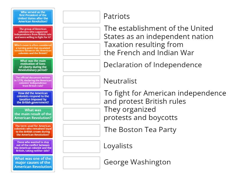 Unit 5 Test Review- American Revolution - Match up