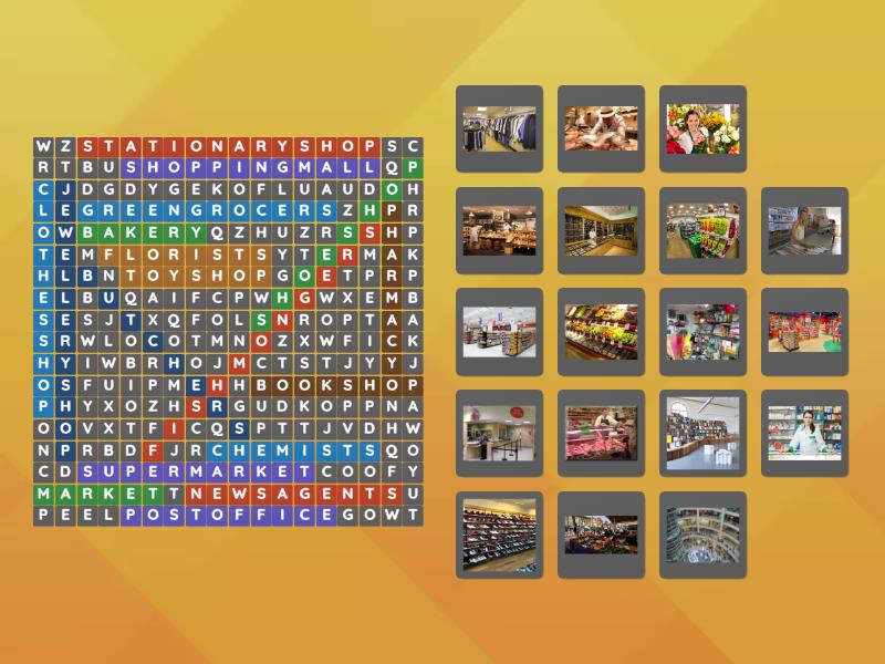 Types of Shops - Wordsearch