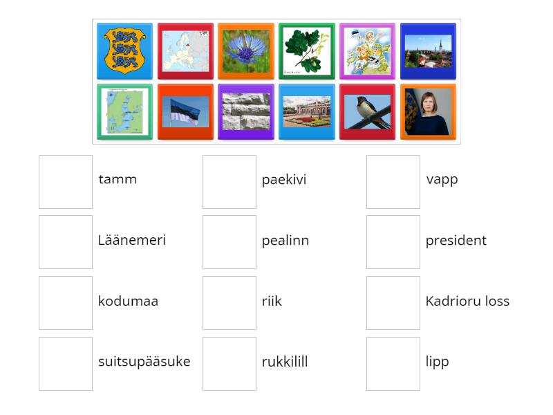 Eesti sümbolid. Ühenda sõna ja pilt. - Match up