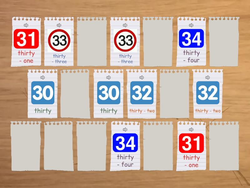 Numbers 30-39 - Memory game - Matching pairs