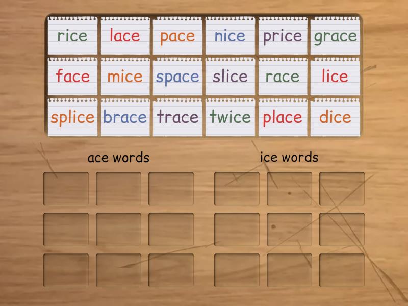 ace, ice, Words - Group sort