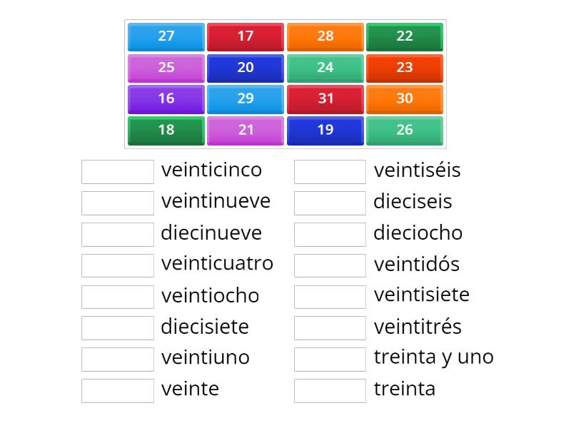 Spanish numbers 16 - 31 - Une las parejas