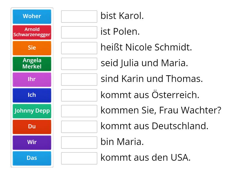 Deutsch A1 sein, heißen, kommen aus - Match up