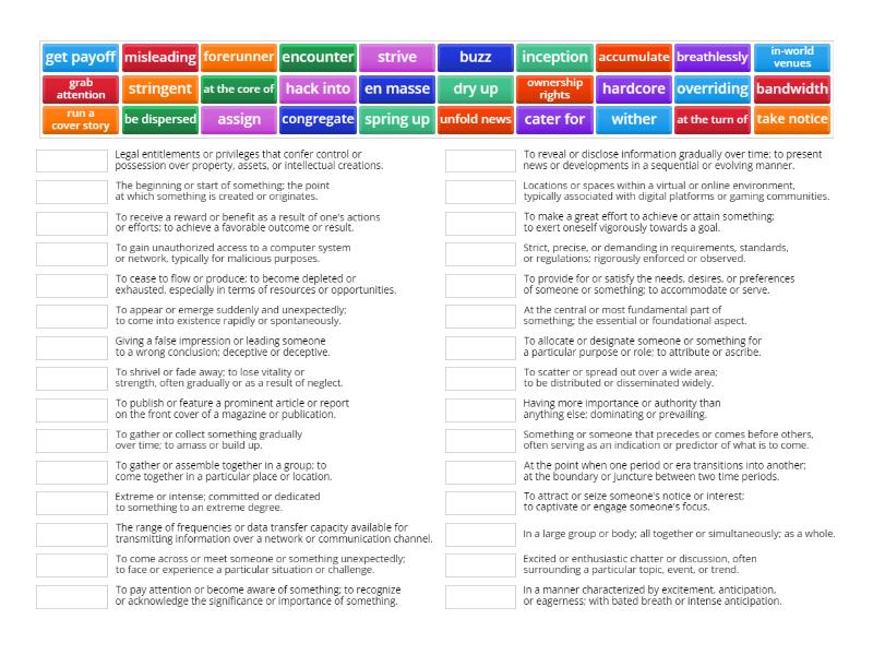 Complete Advanced: Unit 7 Reading Vocabulary - Match up