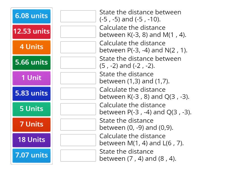 Distance Between Two Point: Pre-Test - Match up