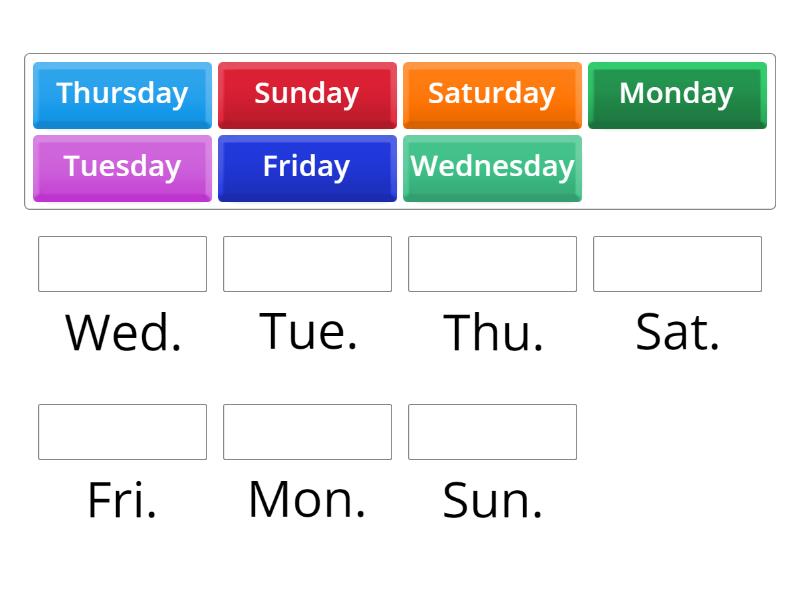 Days of the Week - Abbreviation - Match up