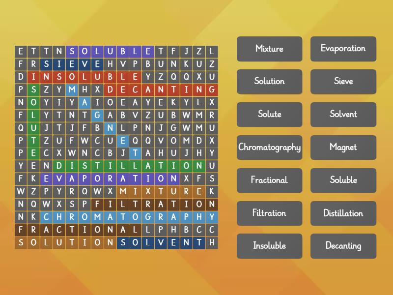 Seperating Mixtures - Year 6 - Wordsearch