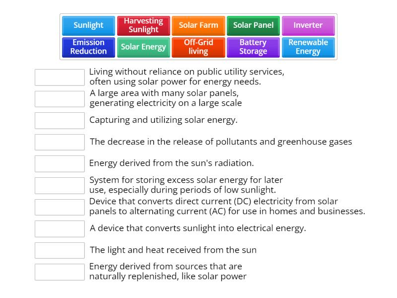 Vocabulary Related to Solar Energy - Match up