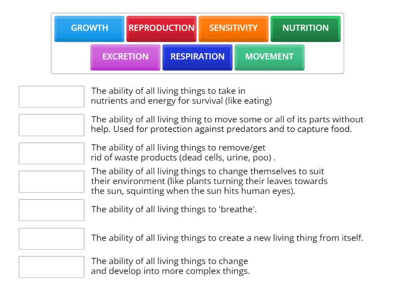 Match the Living things characteristic with its definition - Match up